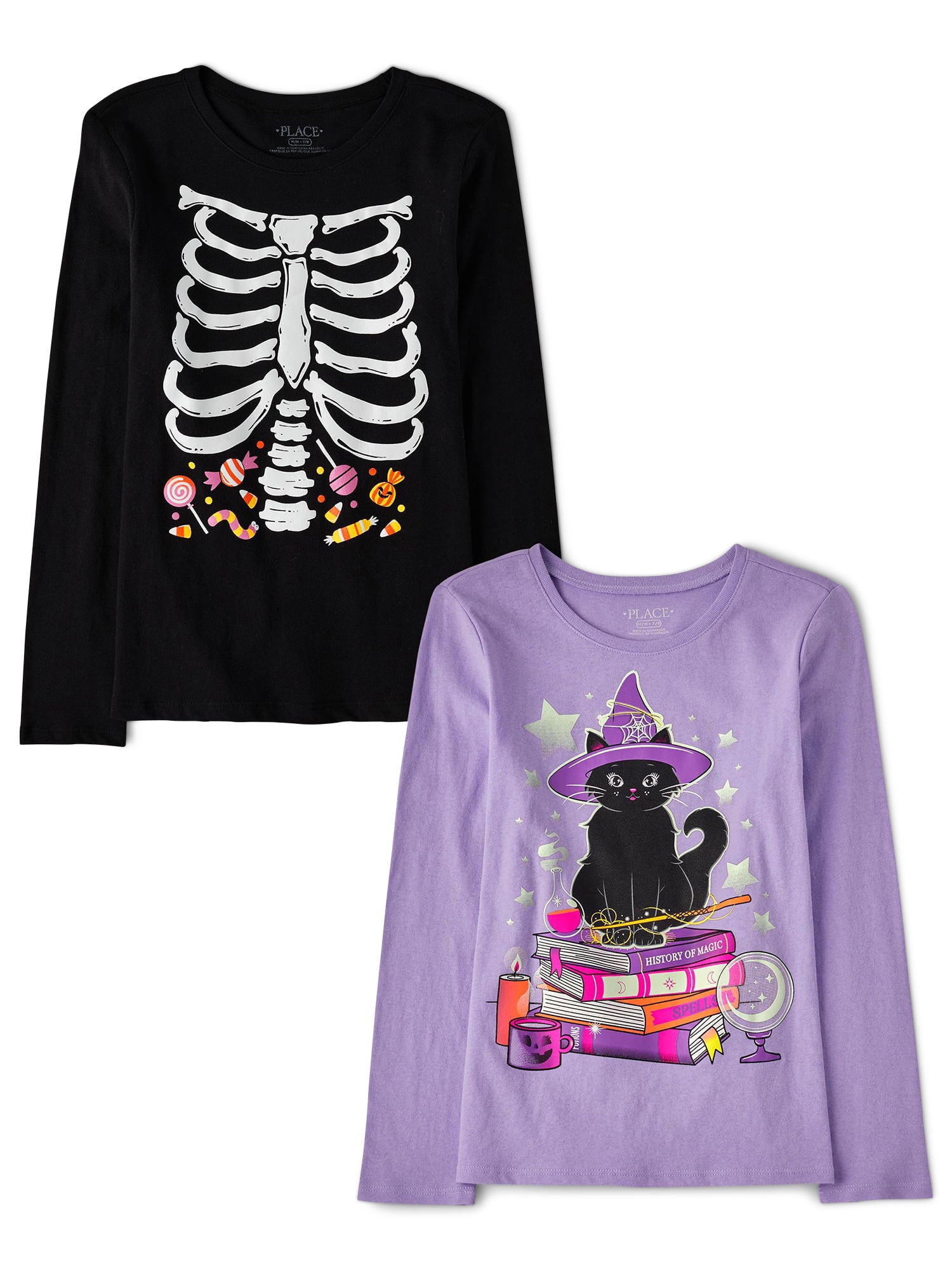 The Children's Place Girls Long Sleeve Skeleton Graphic Tee, 2-Pack ...