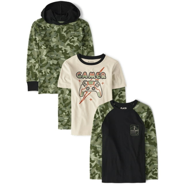 The Children's Place Boys Long Sleeve Camo Gamer Top, 3-Pack, Sizes XS ...