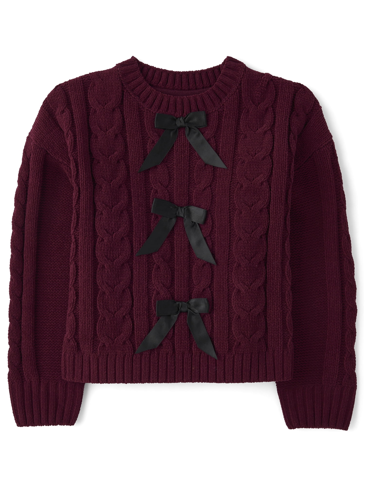 The Children's Place Girls Long Sleeve Cable Knit Chenille Bow Sweater ...