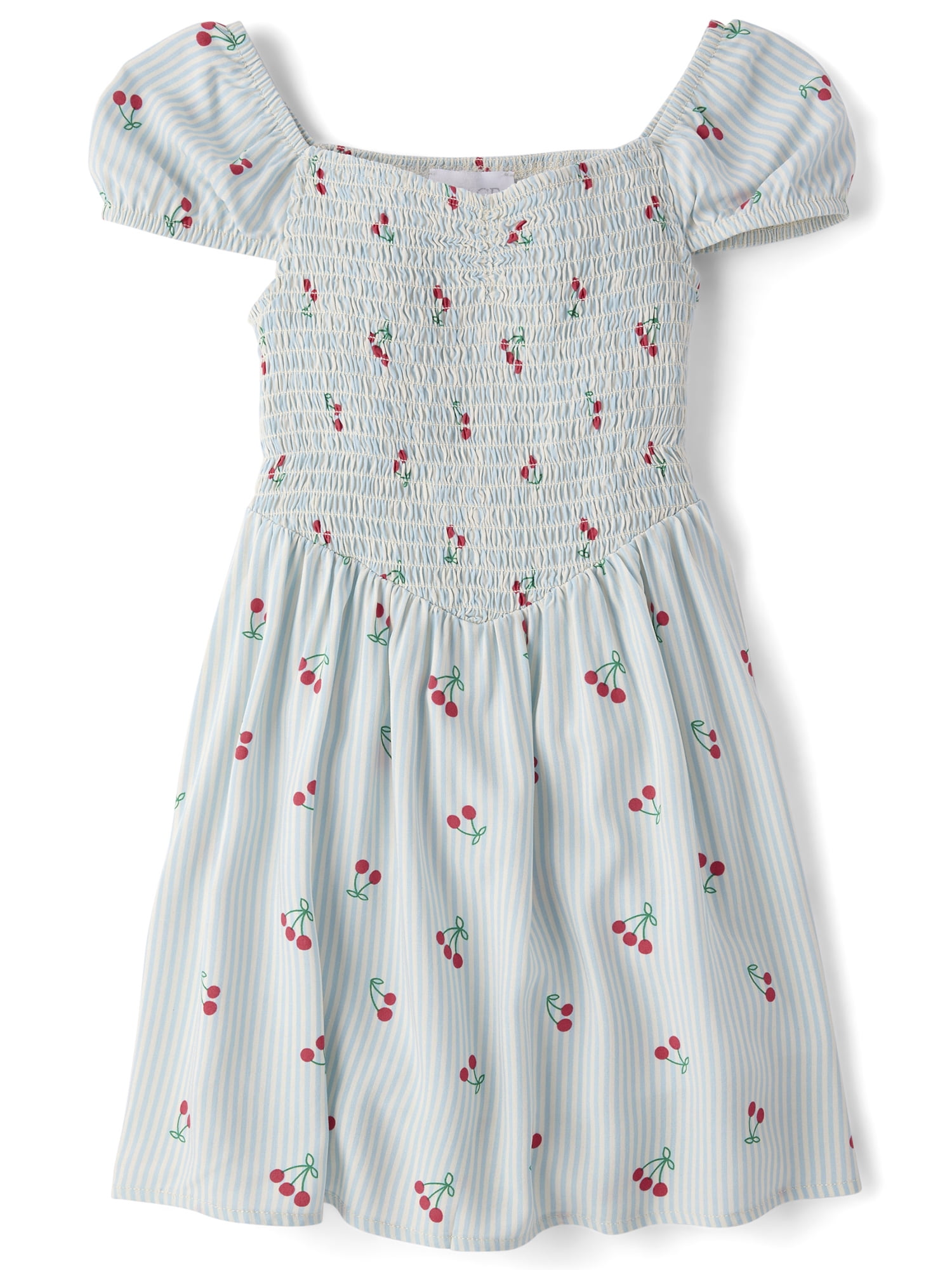 The Children's Place Girls Short Sleeve Striped Cherry Smocked V-Waist ...