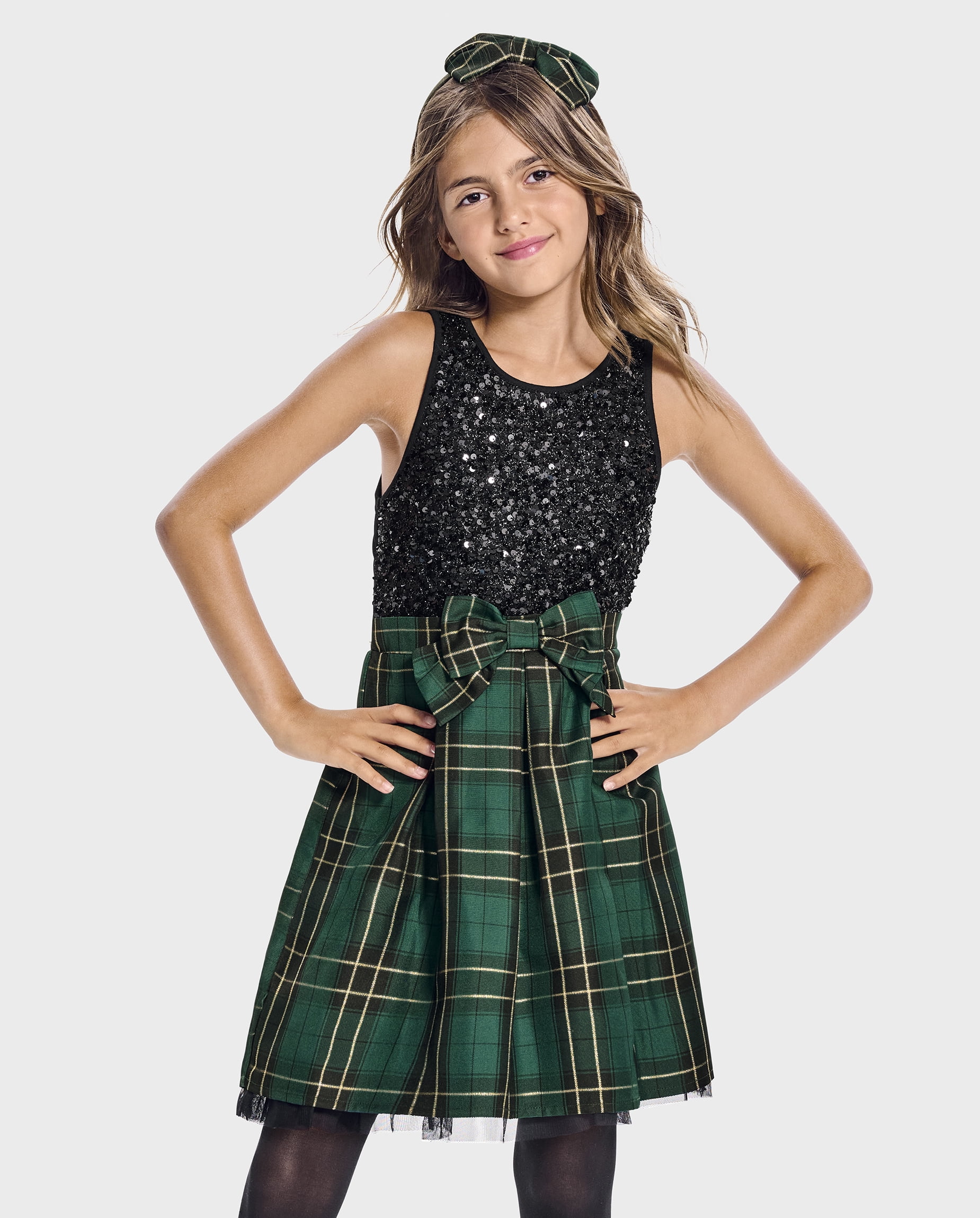 The Childrens Place Girls Sequin Plaid Flare Dress - Walmart.com