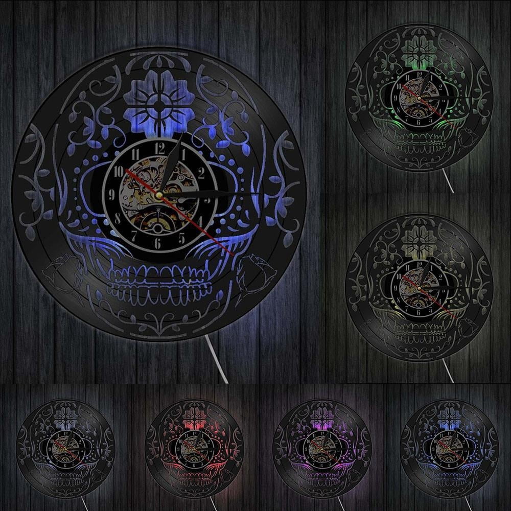 The Day of the Dead Vinyl Record Wall Clock Hand Carved Skull Día de ...