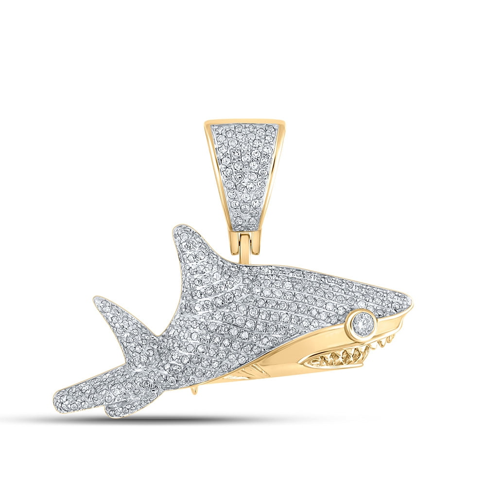 The Diamond Deal 10kt Yellow Gold Mens Round Diamond Shark Charm ...