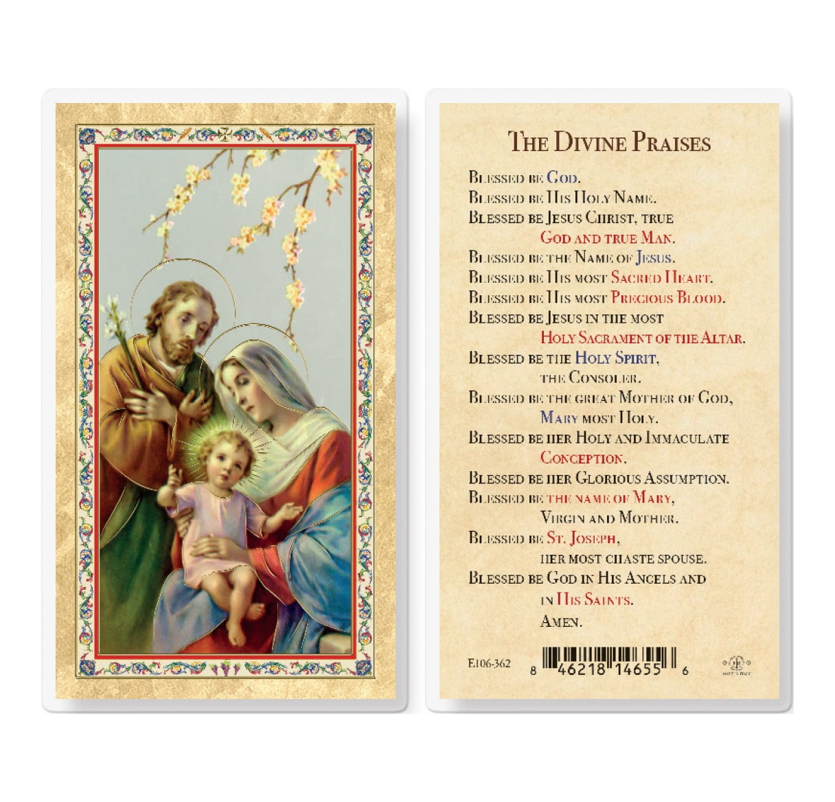 The Divine Praises - Holy Family Gold-Stamped Laminated Catholic Prayer Holy Card with Prayer on ...