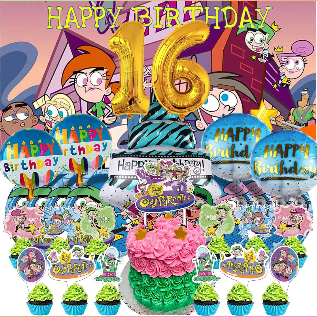 The Fairly OddParents 16th Tableware Balloons Cake Toppers Backdrop ...