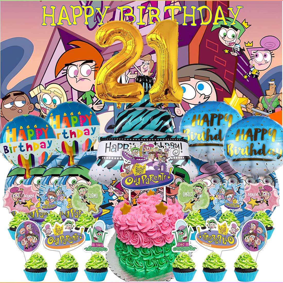 The Fairly OddParents 21th Tableware Balloons Cake Toppers Backdrop ...