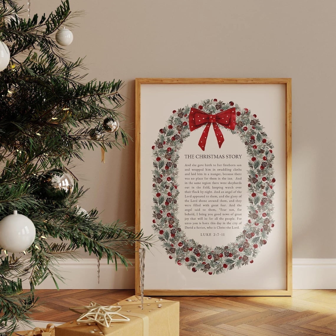 The Festive Story Nativity Bible Verse Modern Festive Wall Art Red Bow ...