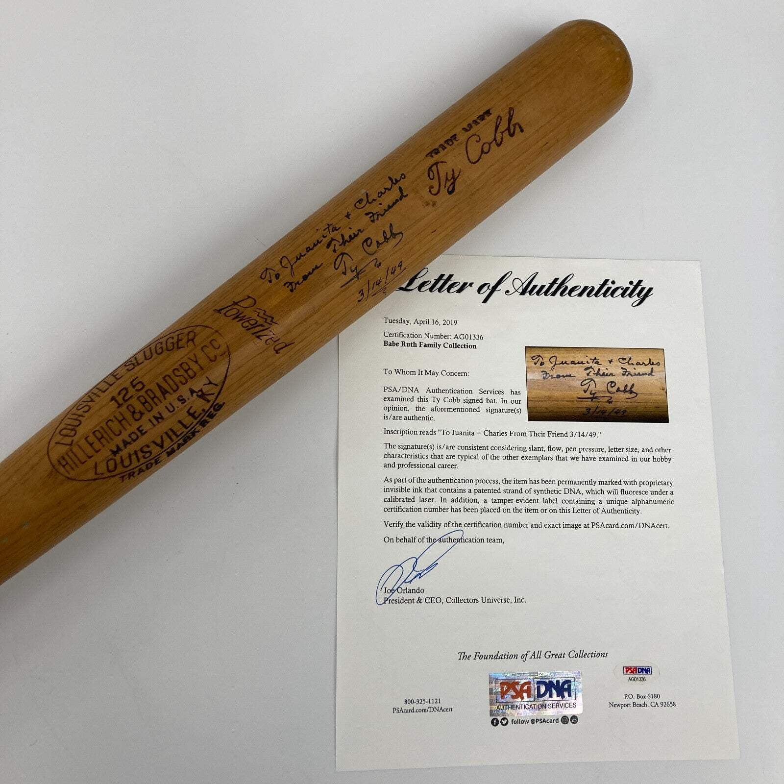 The Finest Ty Cobb Signed Baseball Bat Graded 10 GEM MINT From Babe ...