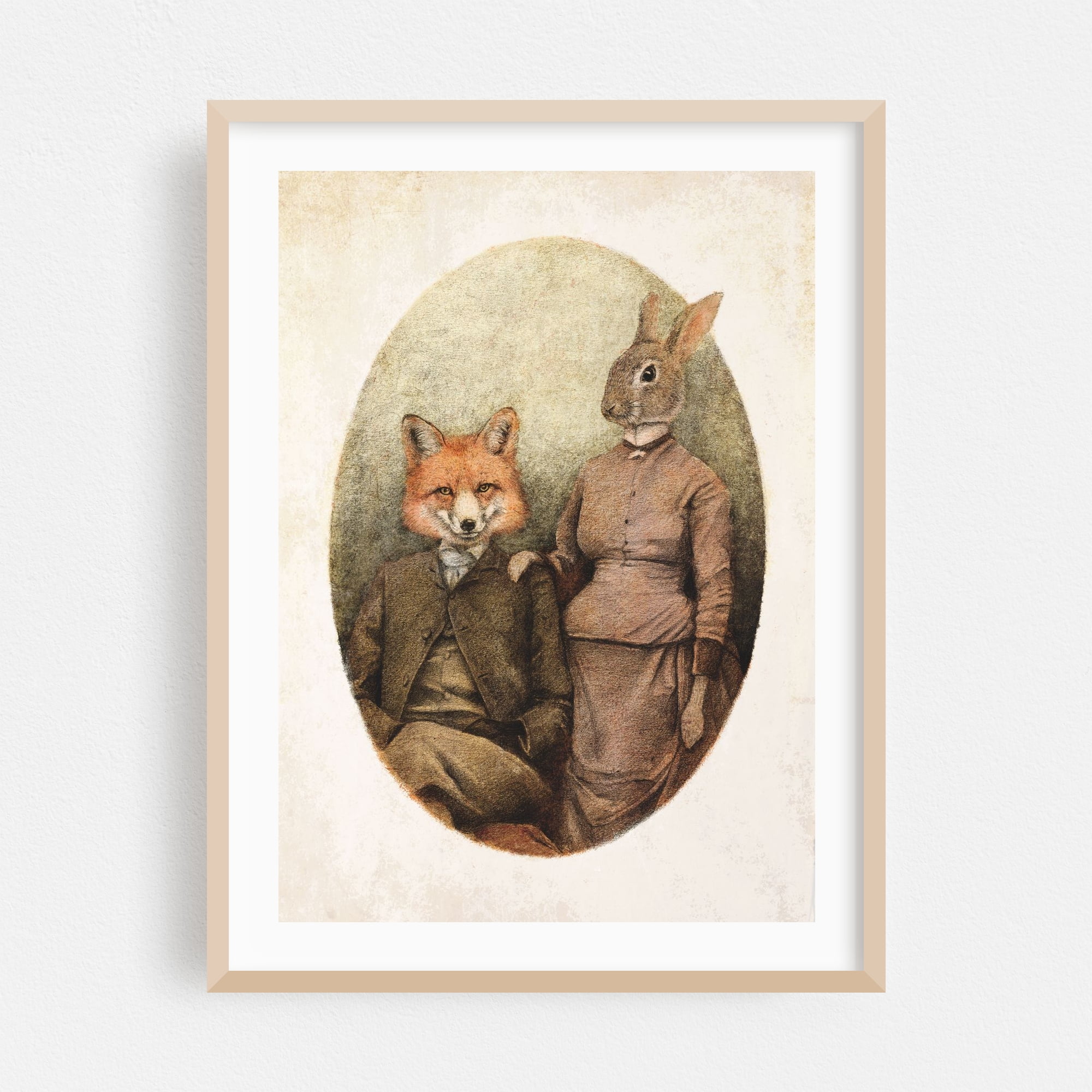 The Foxes - Drawing Vintage Surrealism Humor Rustic Fantasy Oak Framed ...