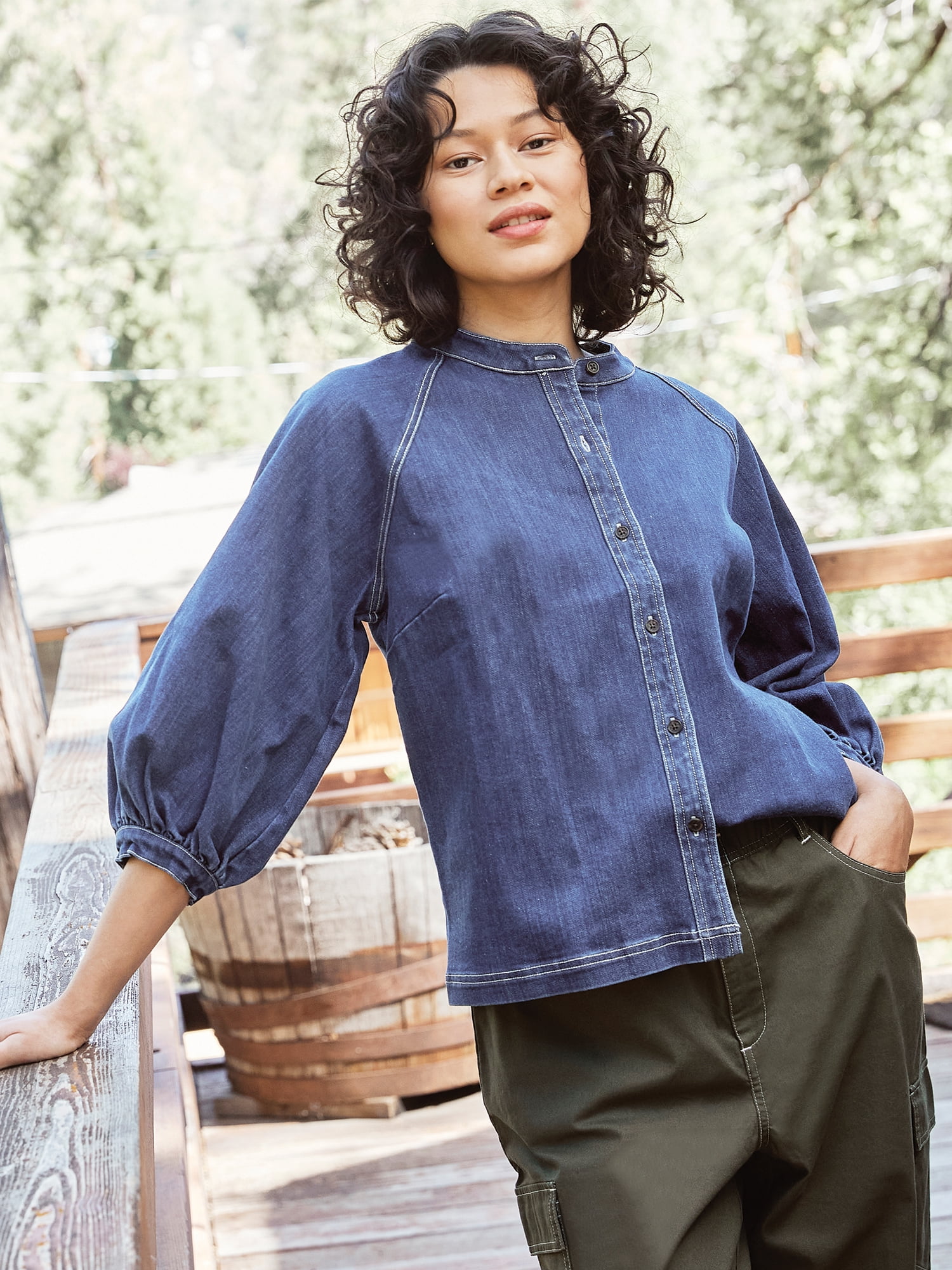 The Get Women's Denim Balloon Sleeve Button Front Top - Walmart.com