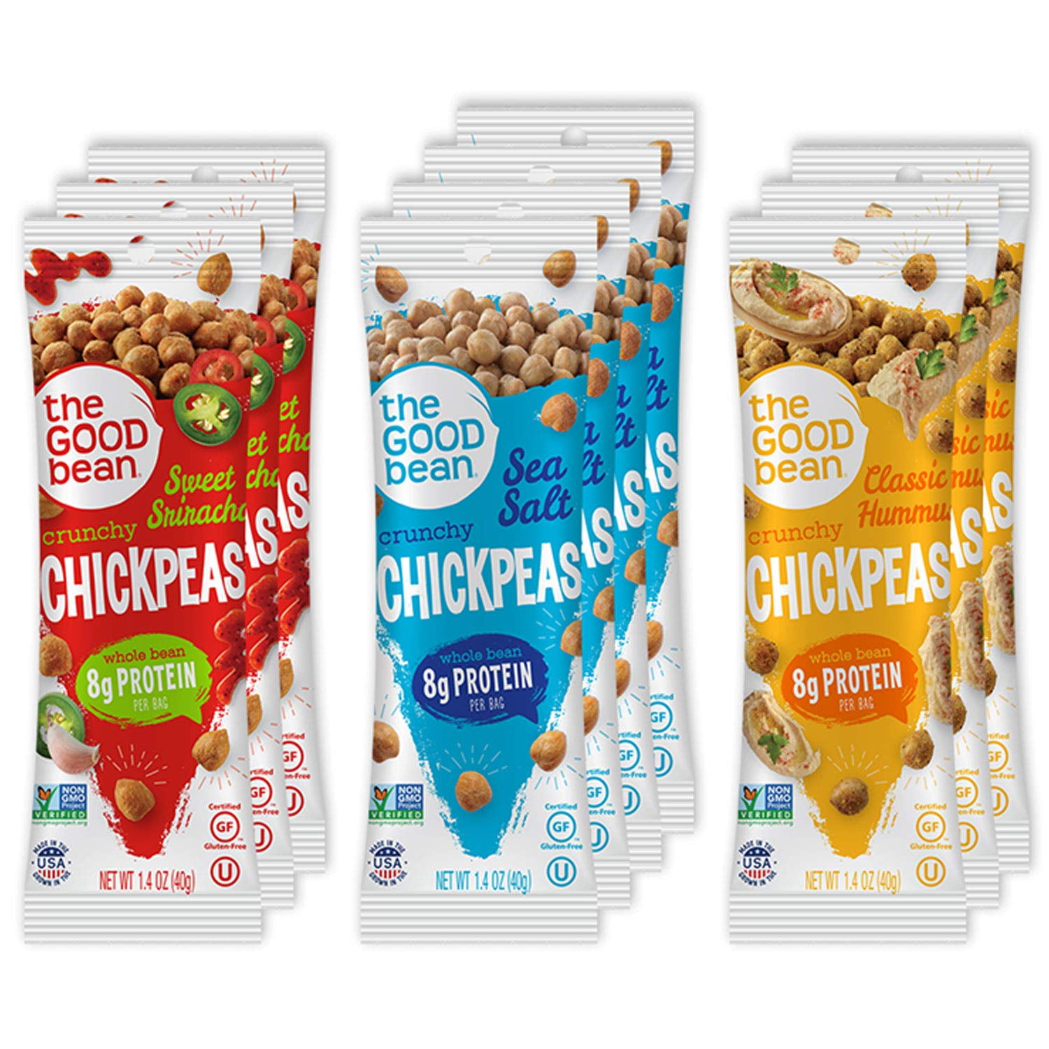 The Good Bean Crunchy MMF7 Chickpeas - Variety Pack - (10 oz Packet - Sweet Sriracha, Sea Salt ...