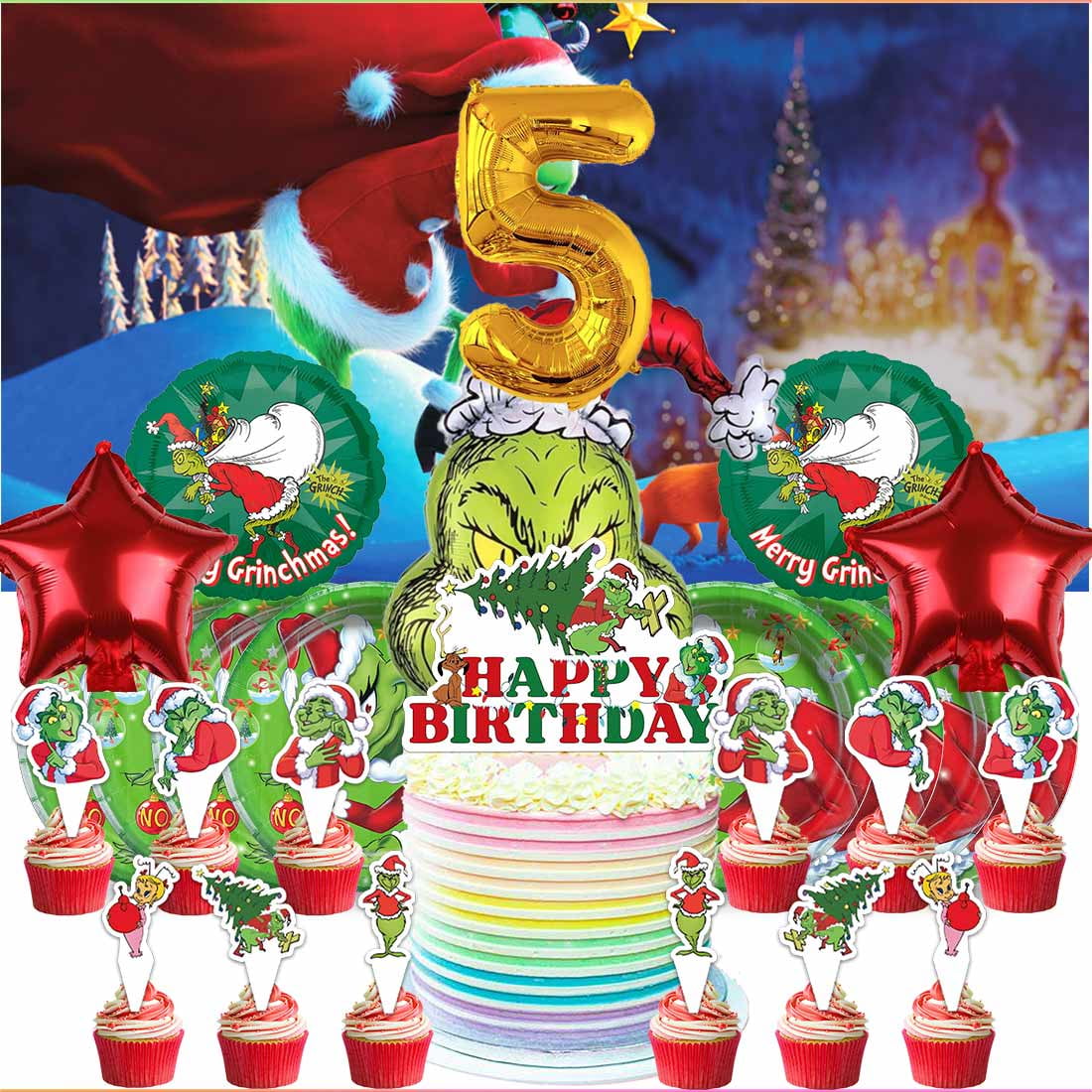 The Grinch 5th Tableware Balloons Cake Toppers Backdrop Banner Supplies ...