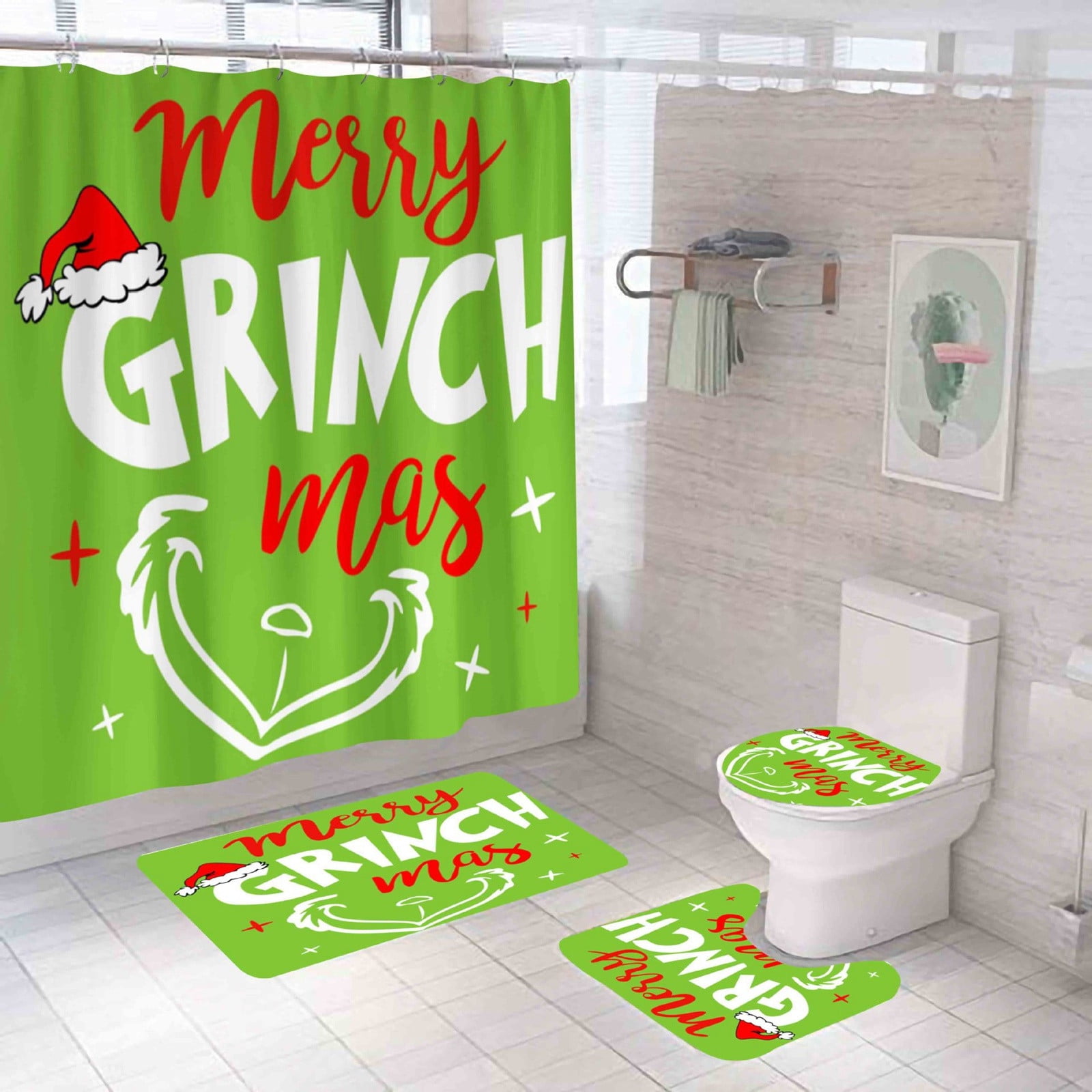 The Grinch, Grinch Bathroom Decor, 4Pcs Christmas Shower Curtain Set ...