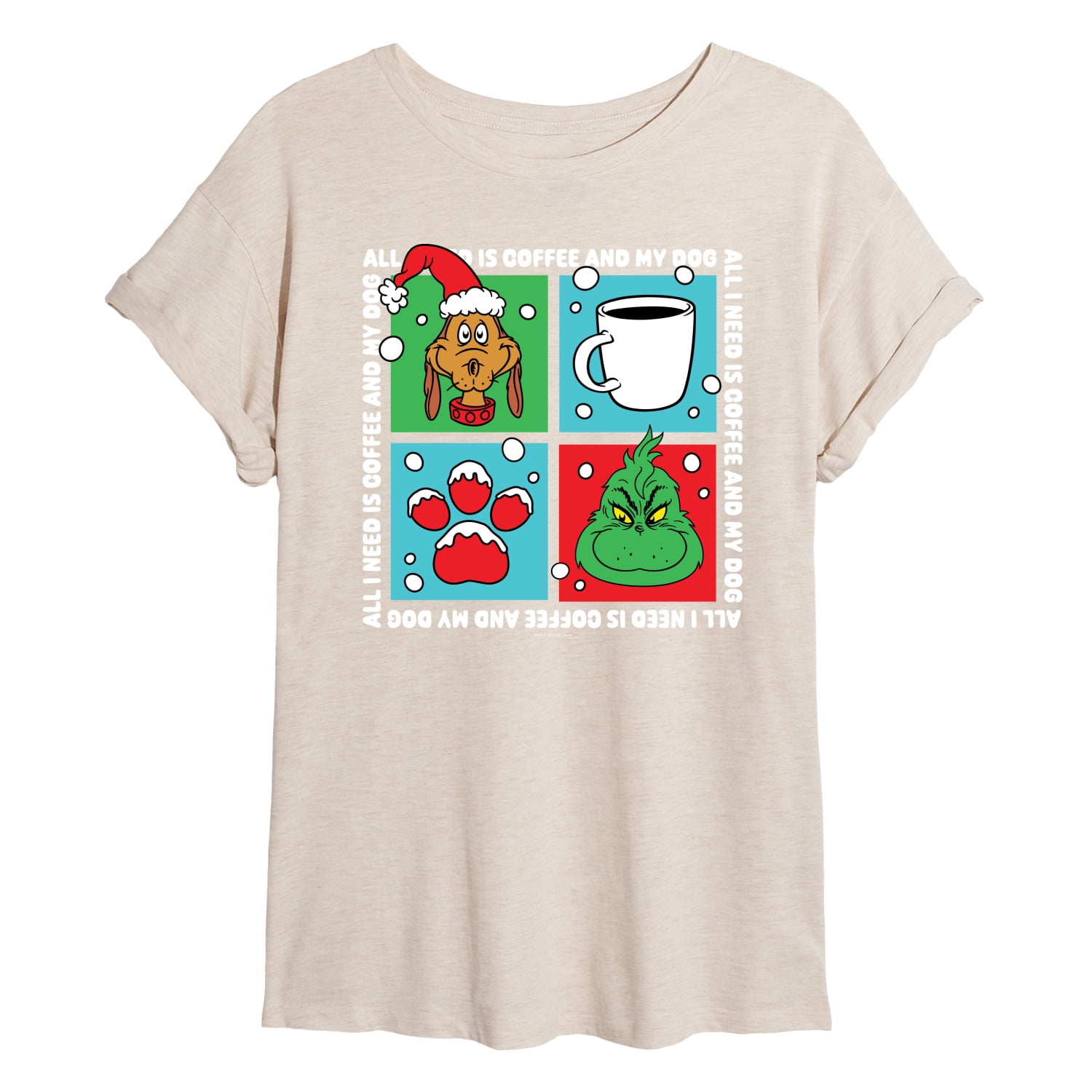 The Grinch - Grinch Coffee And Dog Grid - Juniors Ideal Flowy Muscle T ...