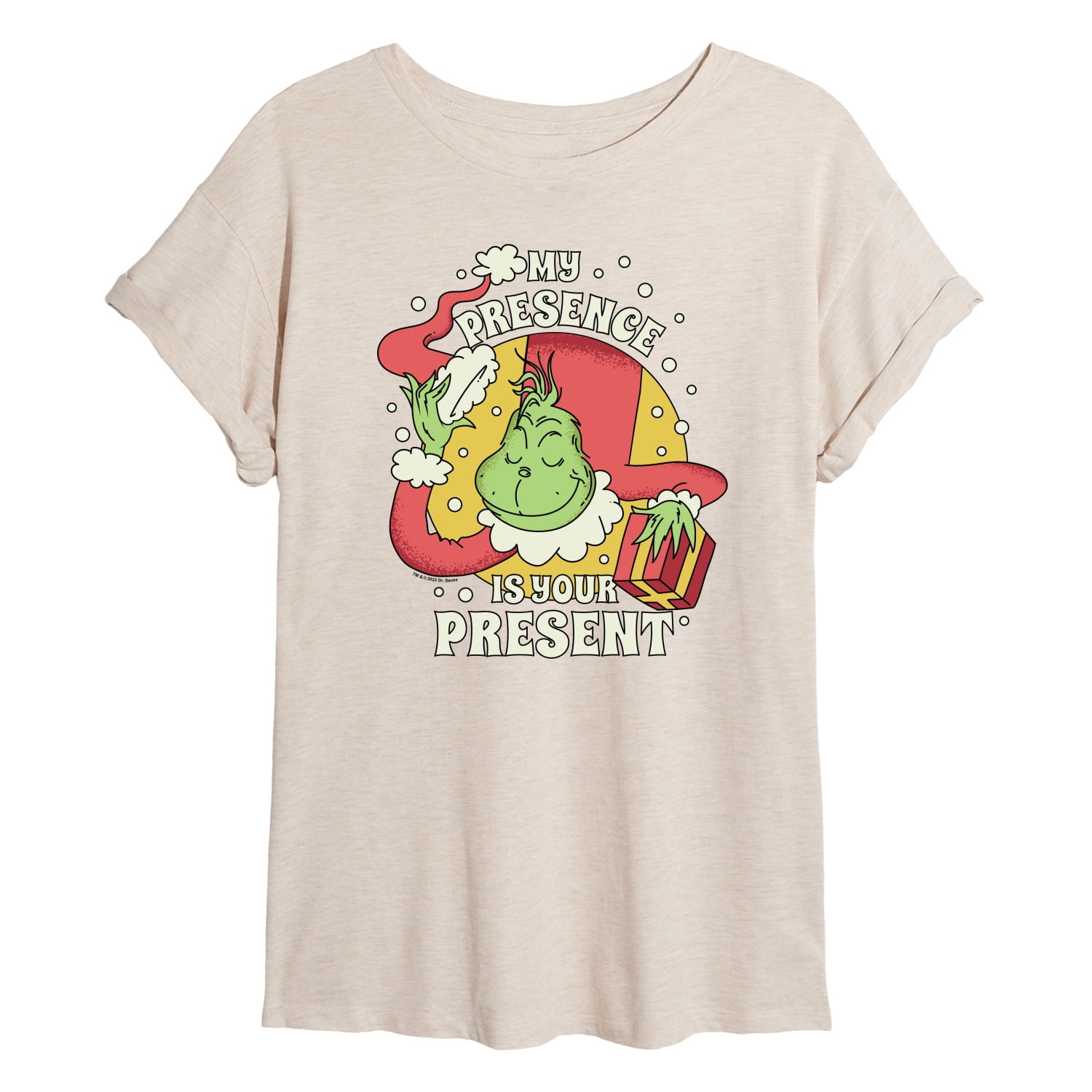 The Grinch - My Presence Is Your Present - Juniors Oversized Graphic T ...