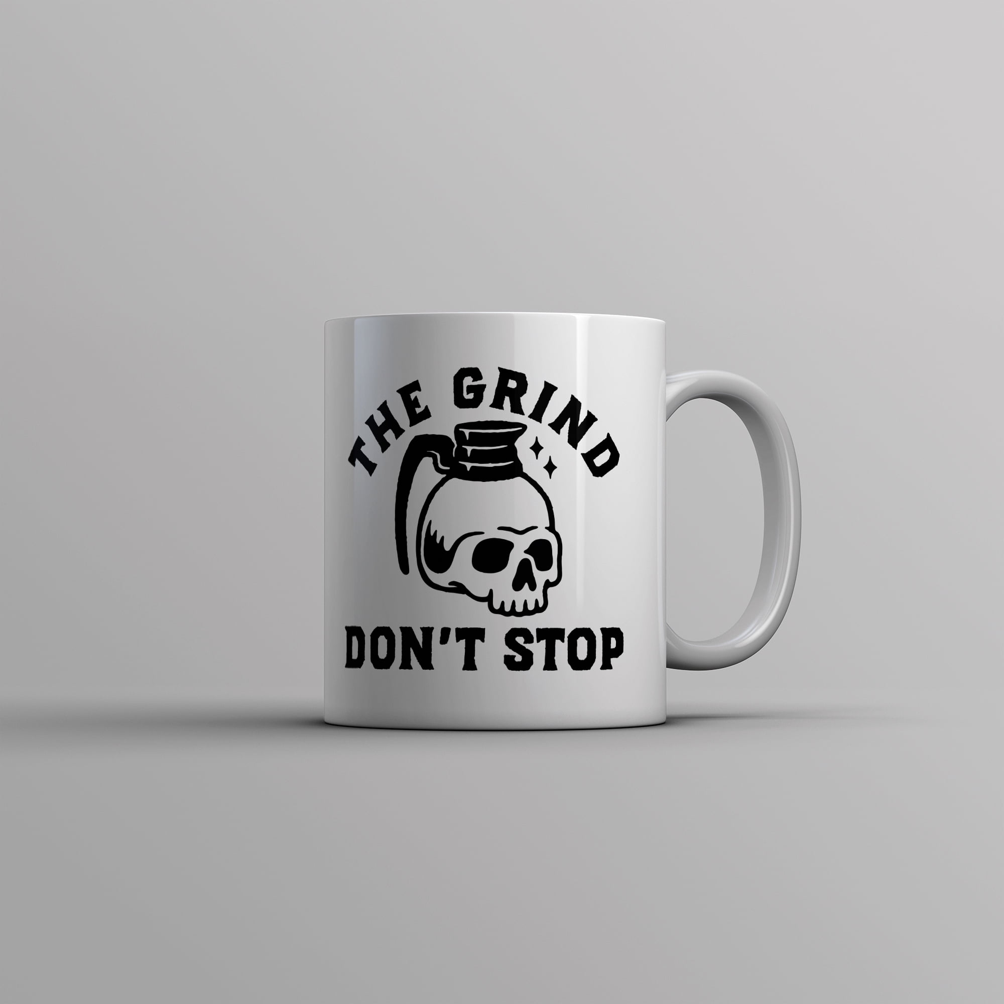 The Grind Dont Stop Mug Funny Spooky Halloween Coffee Pot Skull Joke ...