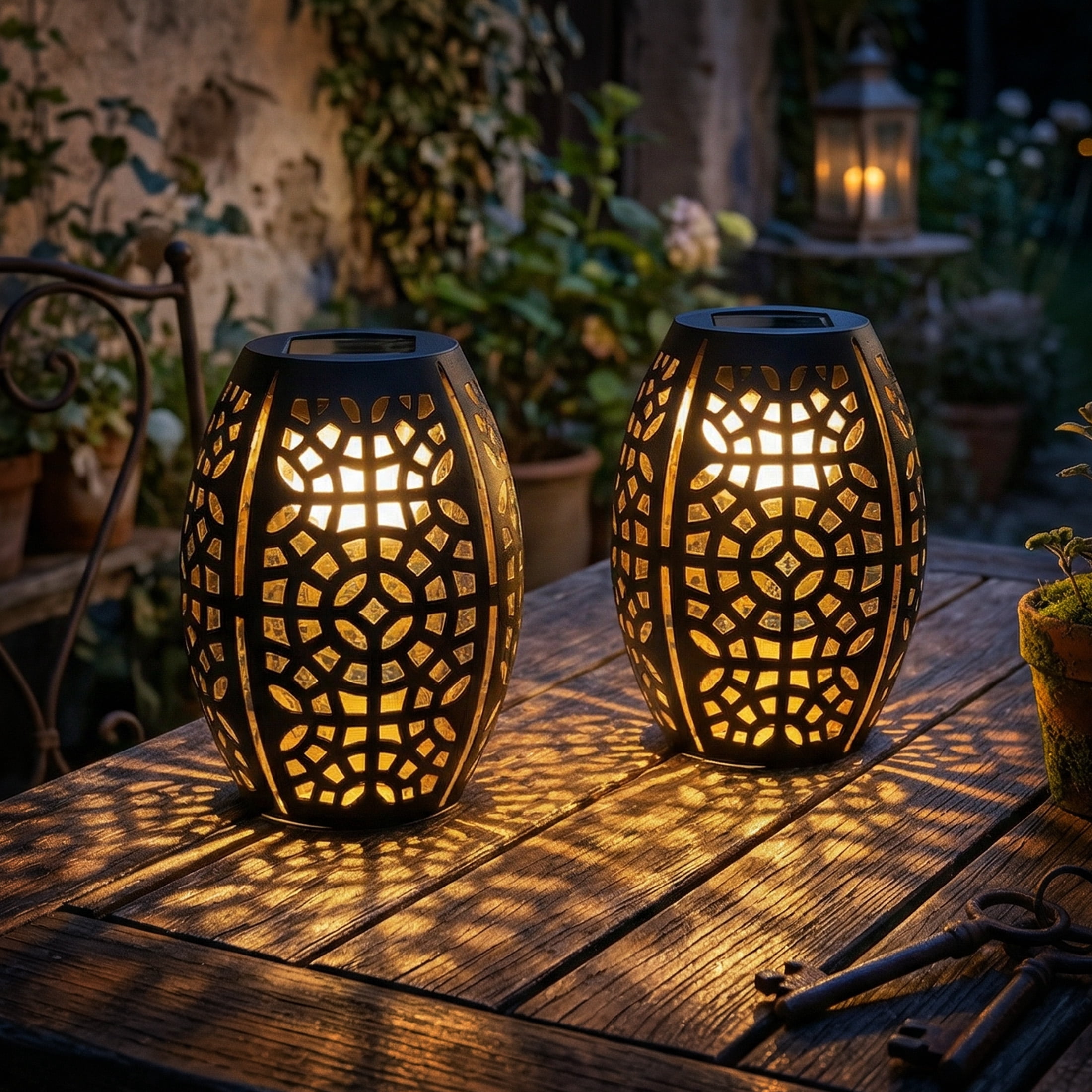 The Growing Ground 2 Pack Solar Lanterns Outdoor, Hollowed Metal LED ...