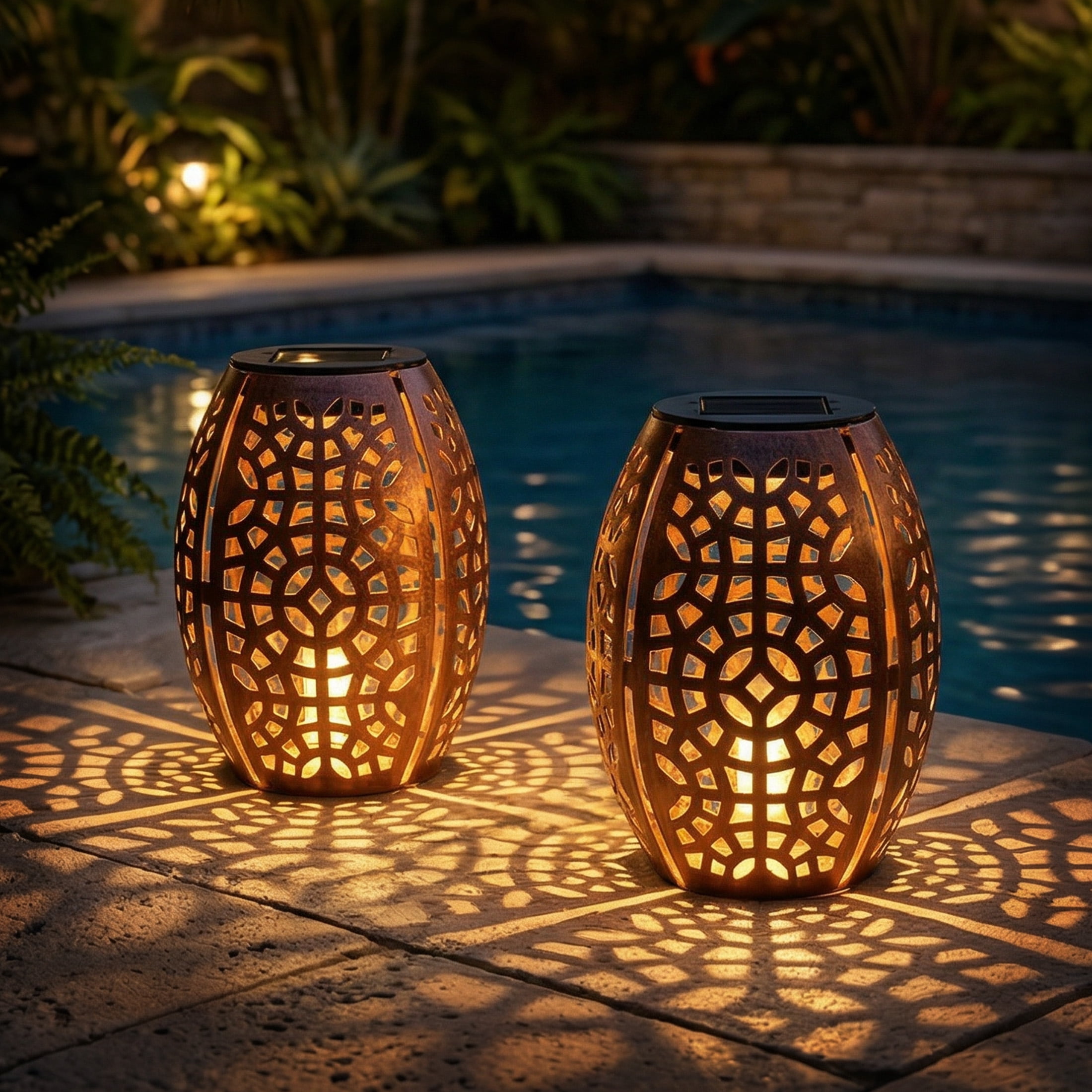 The Growing Ground 2 Pack Solar Lanterns Outdoor, Hollowed Metal LED ...