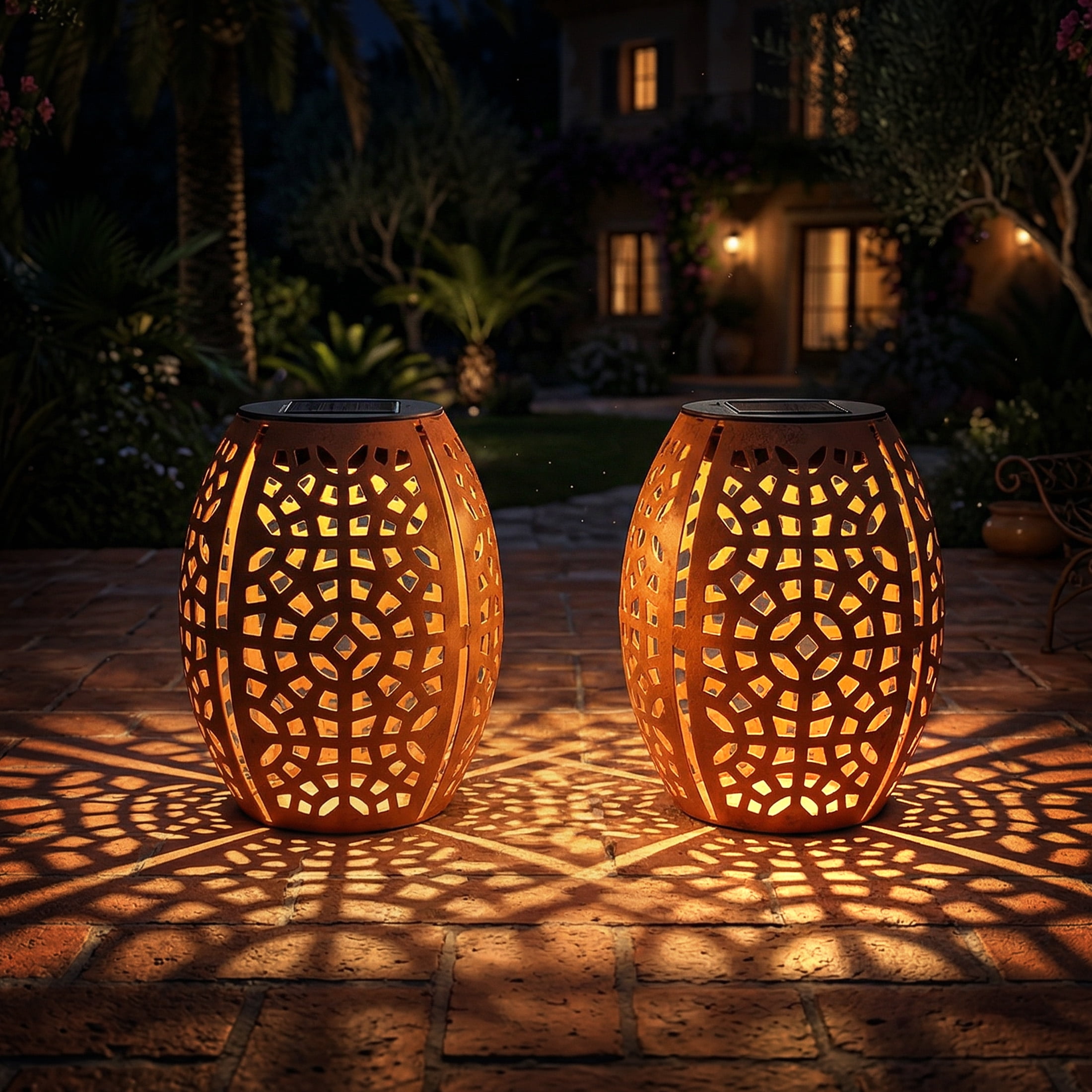 The Growing Ground 2 Pack Solar Lanterns Outdoor, Hollowed Metal LED ...