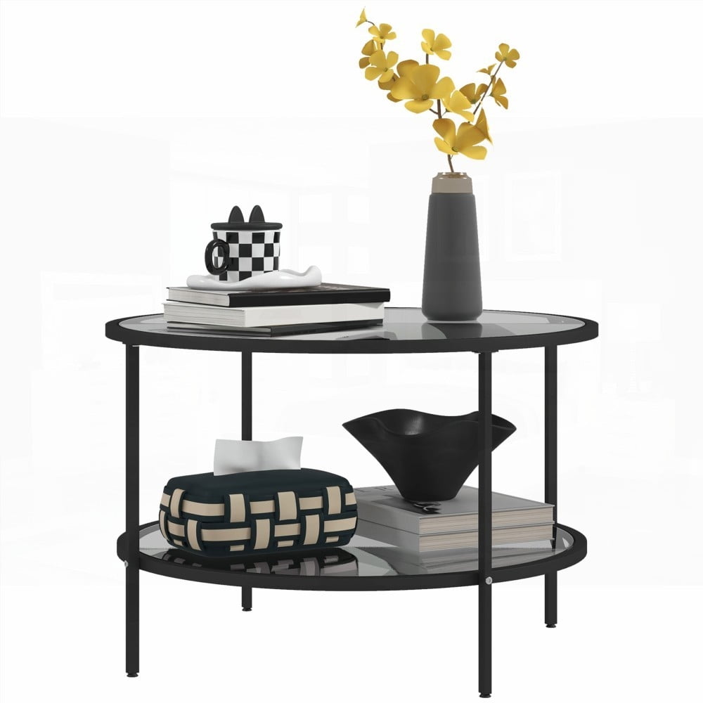 The HOMCOM 26" Round Side Table in Black - 2-Tier Tempered Glass ...