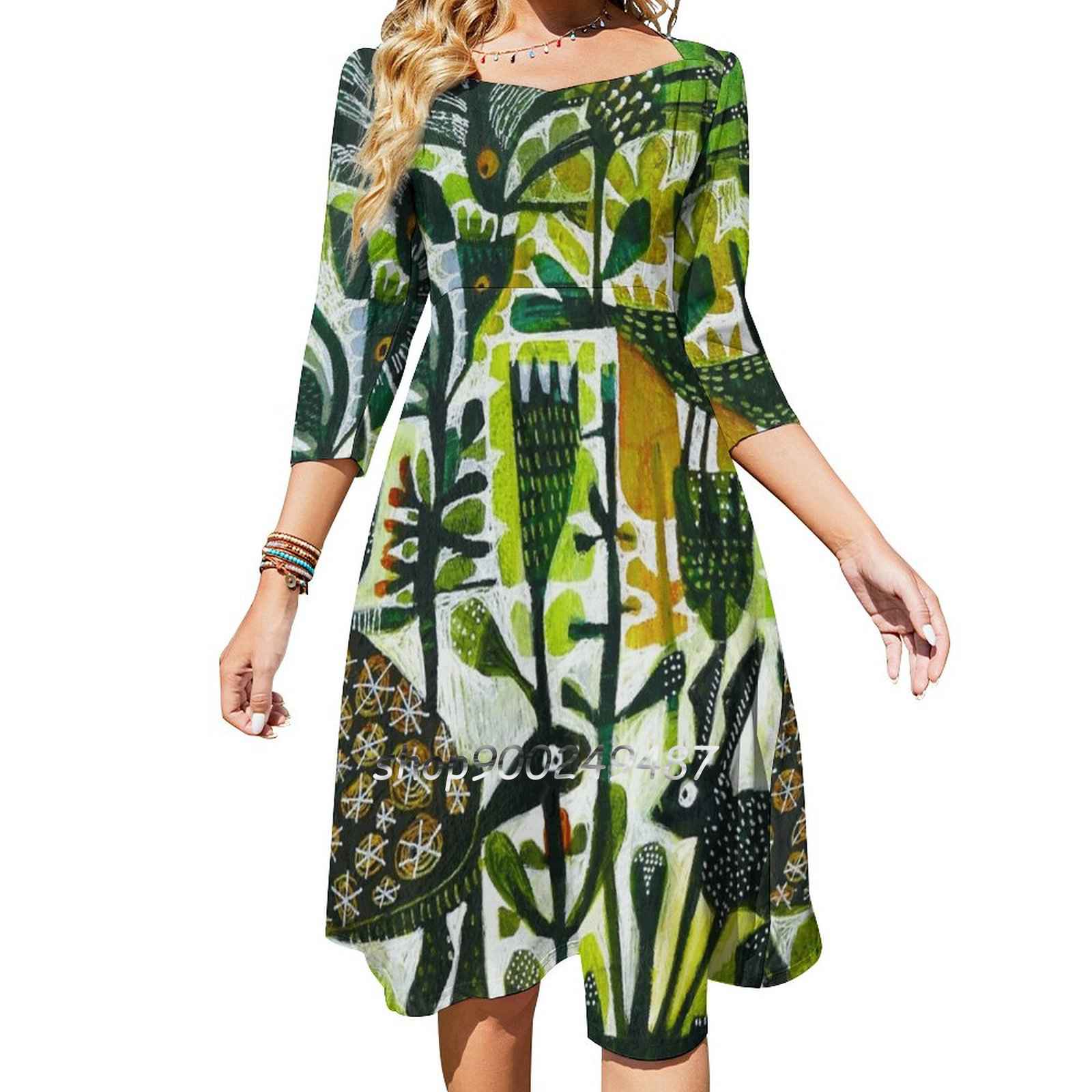 The Hare And The Tortoise Square Neck Dress Sweet Summer Dress Women ...