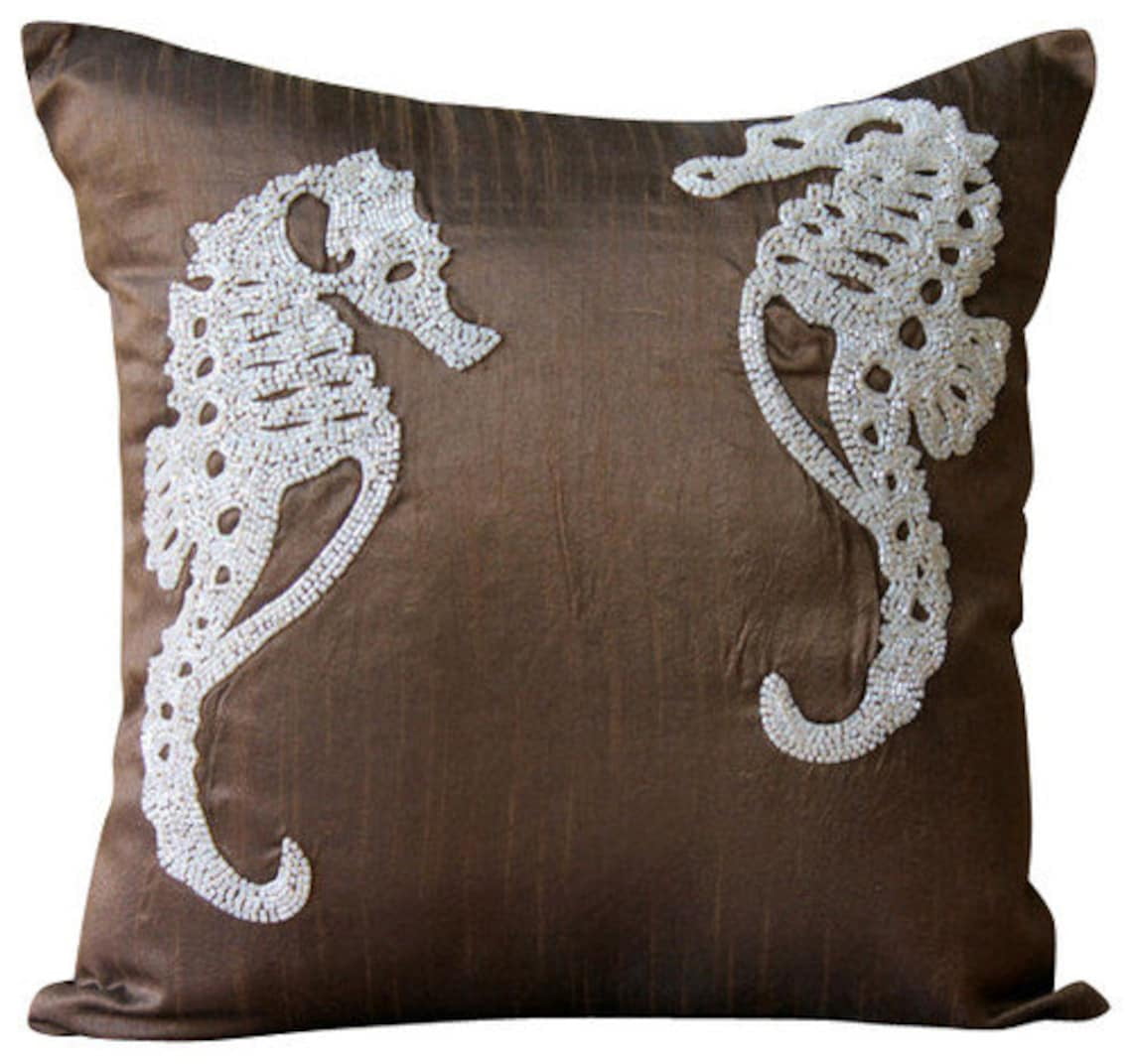 The HomeCentric Brown Shams Beaded Sea Horse Ocean Beach Theme Pillow ...