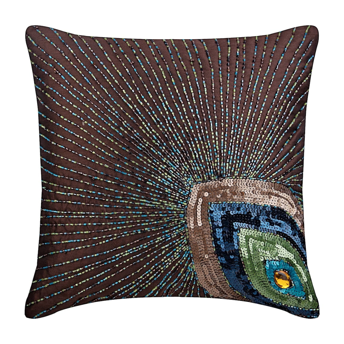 The HomeCentric Brown Shams Peacock Feather Sequins and Beaded Pillow ...