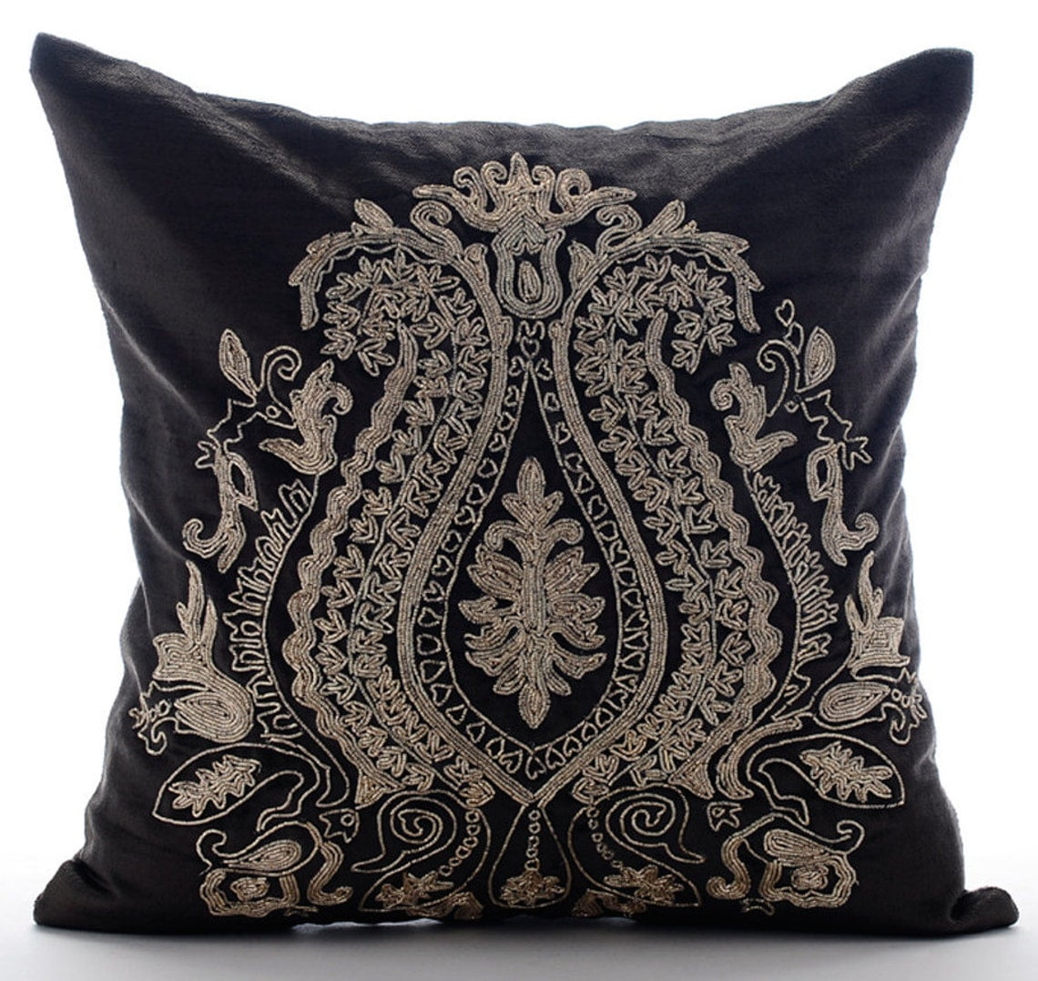The HomeCentric Charcoal Grey Shams Zardozi Indian Paisley Antique ...