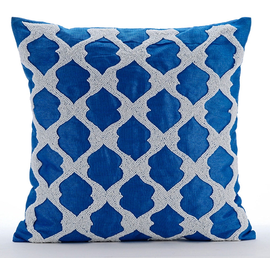The HomeCentric Pillow Case With Zipper Royal Blue Shams Beaded Lattice ...