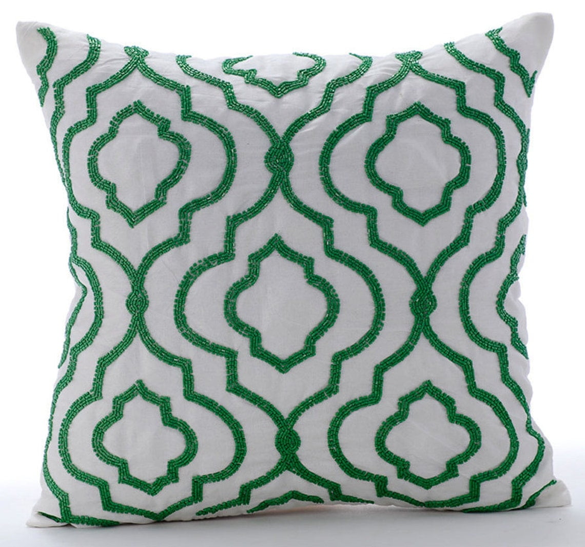 The HomeCentric White Pillow Shams Green Beaded Lattice Trellis Pillow ...