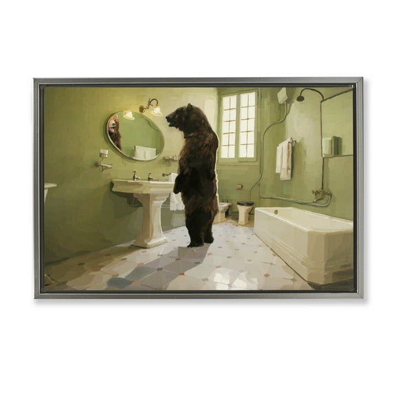 The Houseguest Bear in Bathroom Gray Framed Floater Canvas Wall Art ...