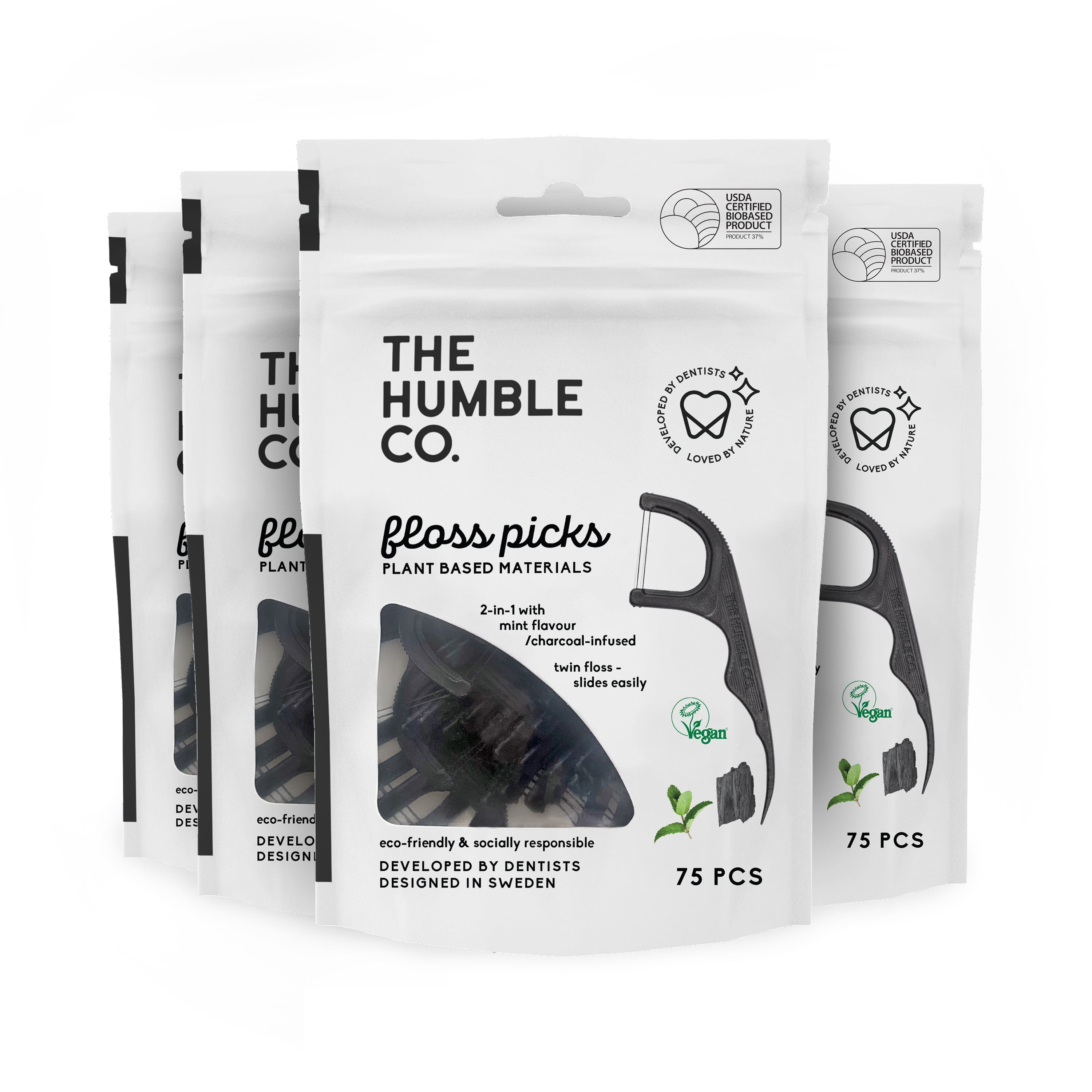 The Humble Co. Mint Dental Flossers, Natural Double Thread Charcoal ...