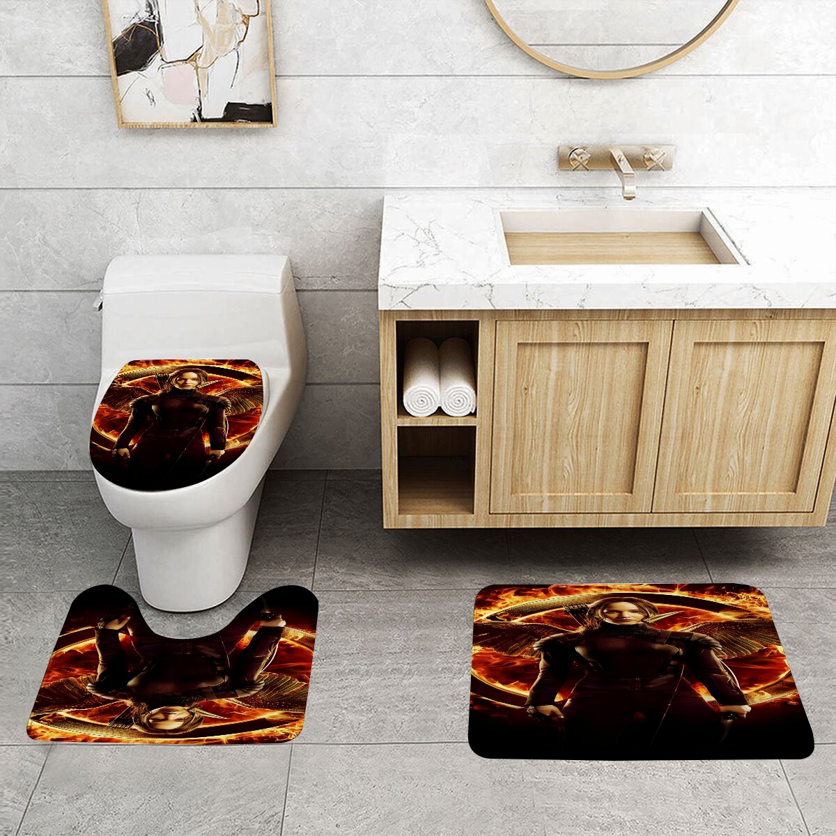 The Hunger Games floor mat and toilet set is durable, machine washable ...