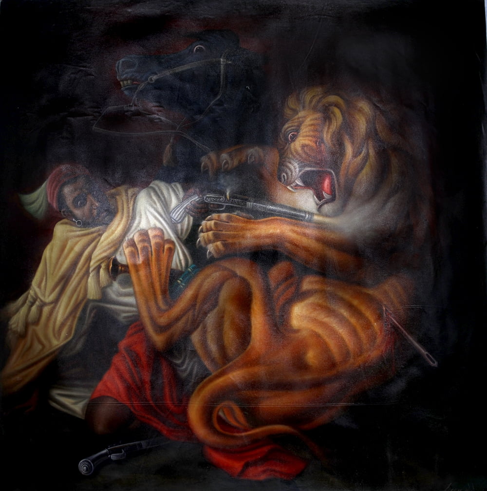 The Hunt of a Lion - Oil Painting on Canvas - Artist: Madan Gomay ...