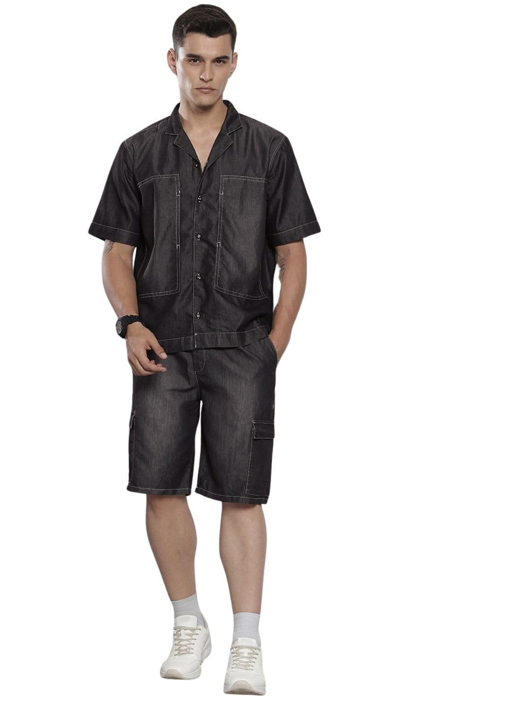 The Indian Garage Co Men Boxy Fit Solid Denim Coords Co-Ords Set (Black ...