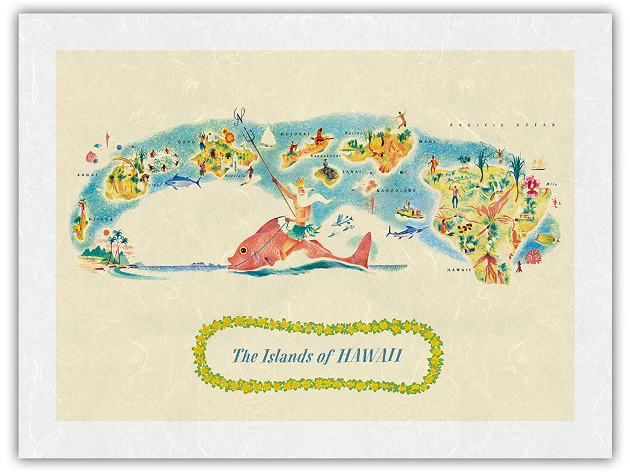 The Islands of Hawaii - Vintage Pictorial Map c.1952 - Japanese Unryu ...