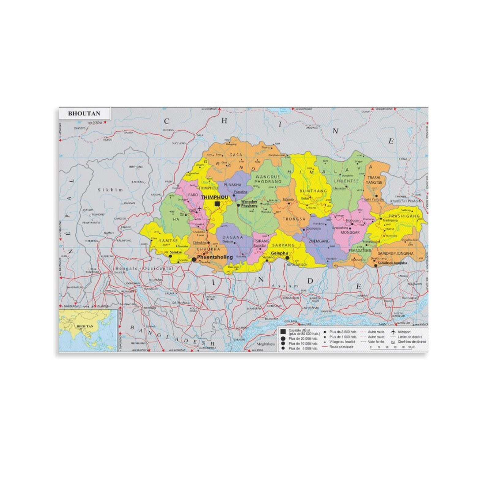 The Kingdom of Bhutan Map Posters Poster Cool Artworks Painting Wall ...