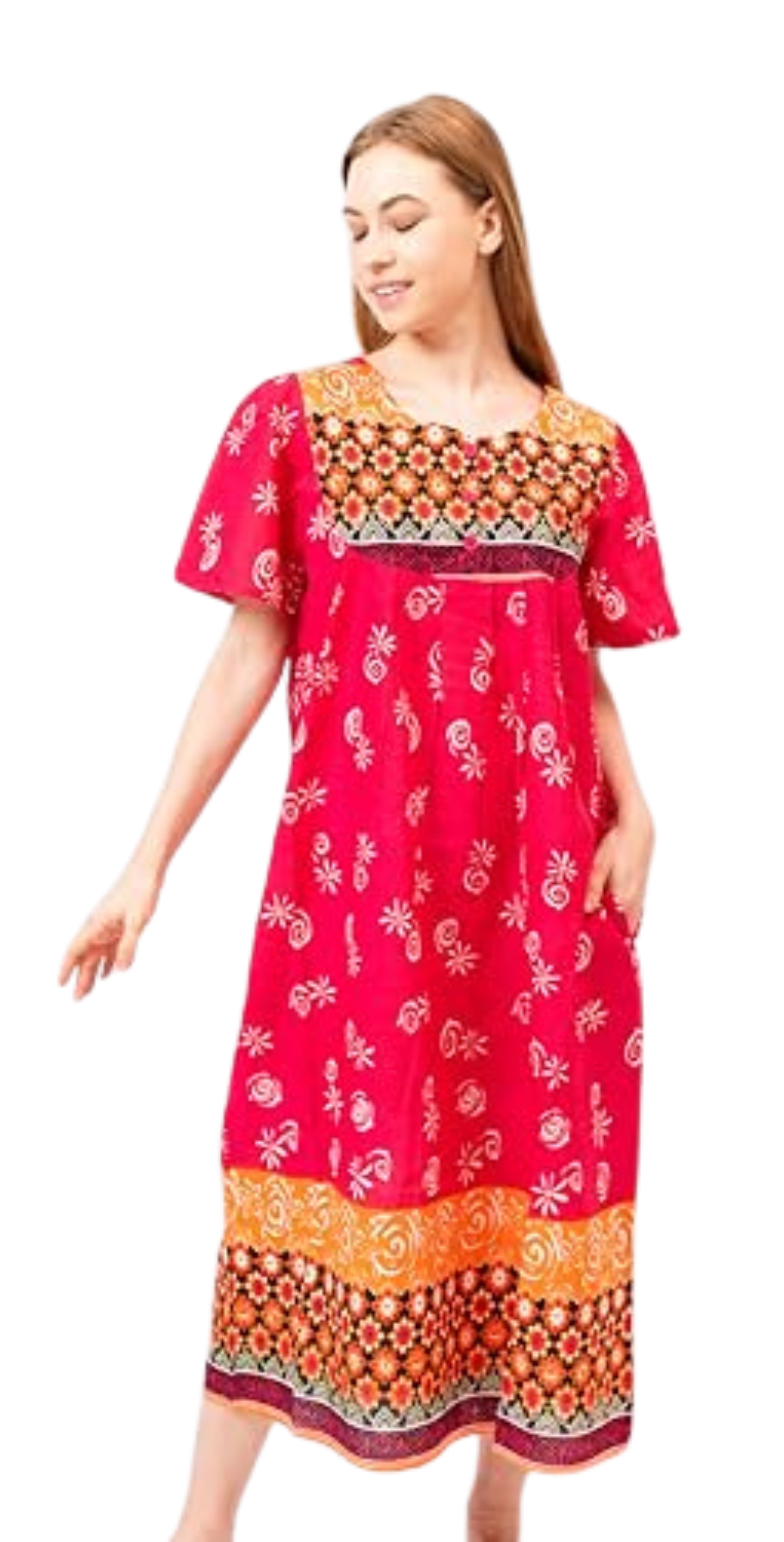 Loungees Multi-Color Border Print Muu Muu Lounge Dress with 3 Button ...