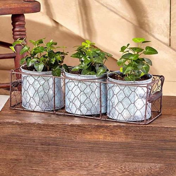 The Lakeside Collection Triple Pot Galvanized Planters in Wire Basket ...