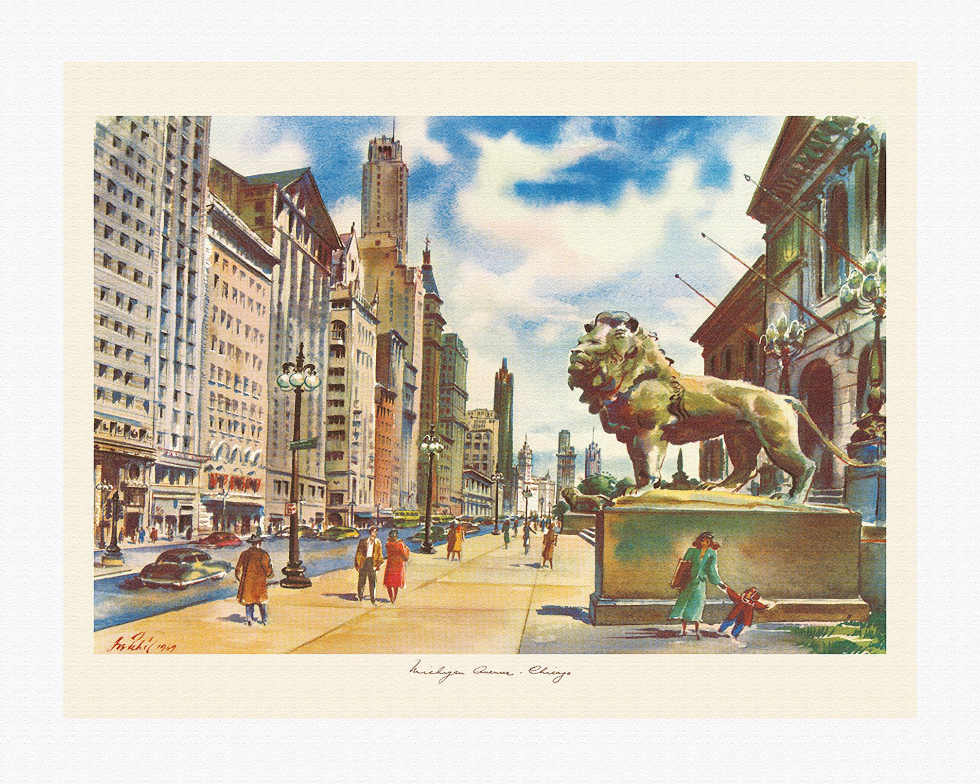 The Lions of Michigan Avenue - Chicago Illinois - Vintage Travel Poster ...