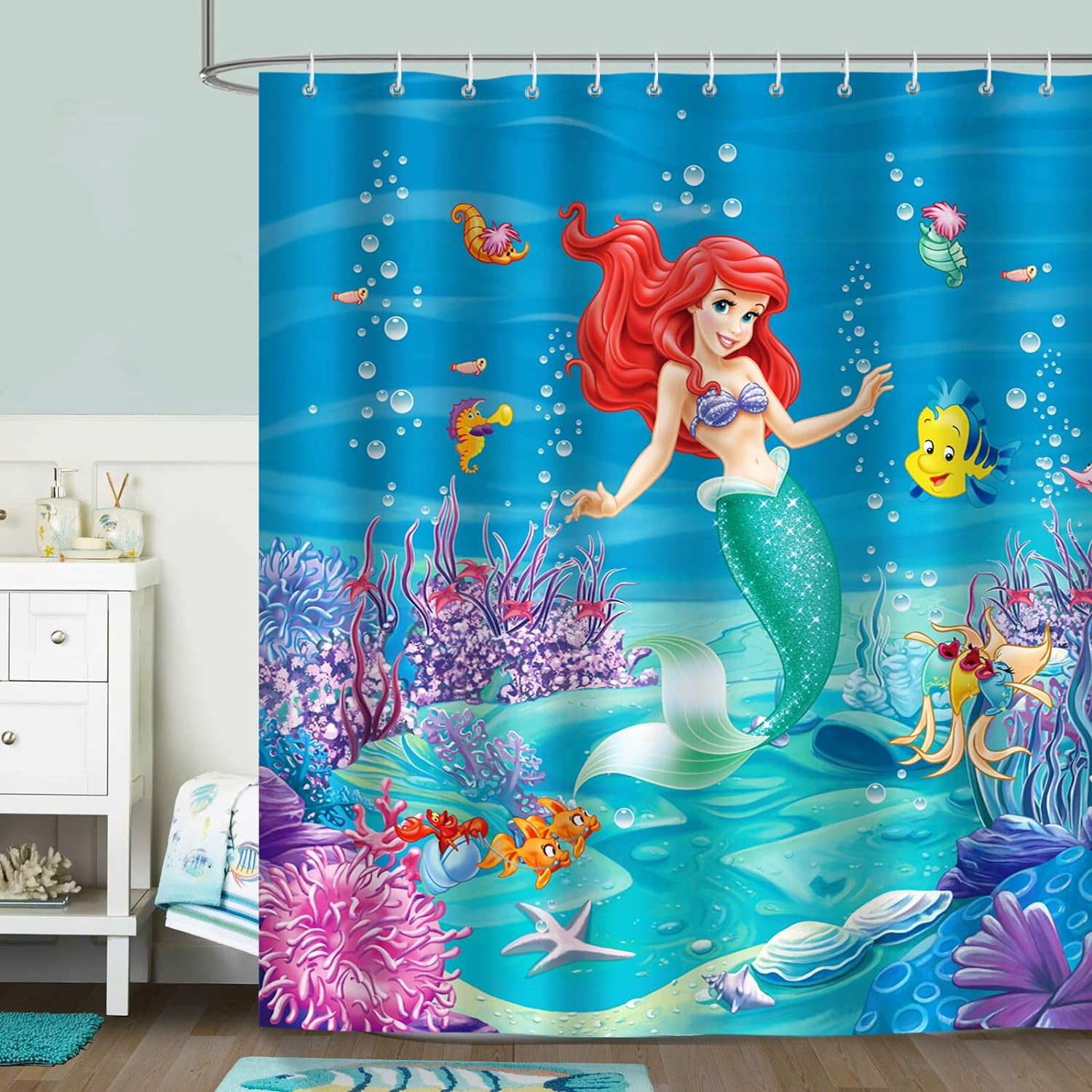 The Little Mermaid Ariel Shower Curtain for Kids Ocean Girls Bath ...