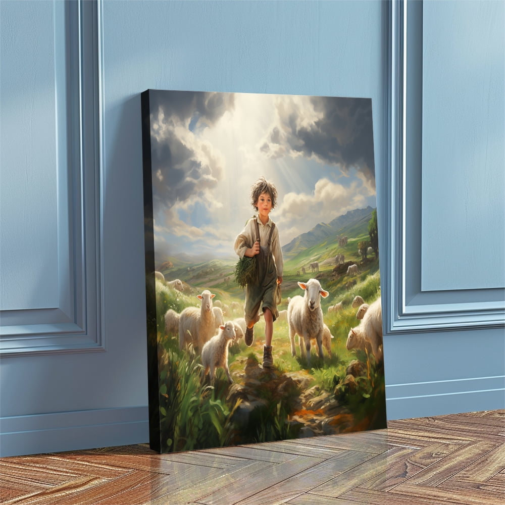The Little Shepherd Boy Is Herding Sheep on The Grassland Poster Canvas ...