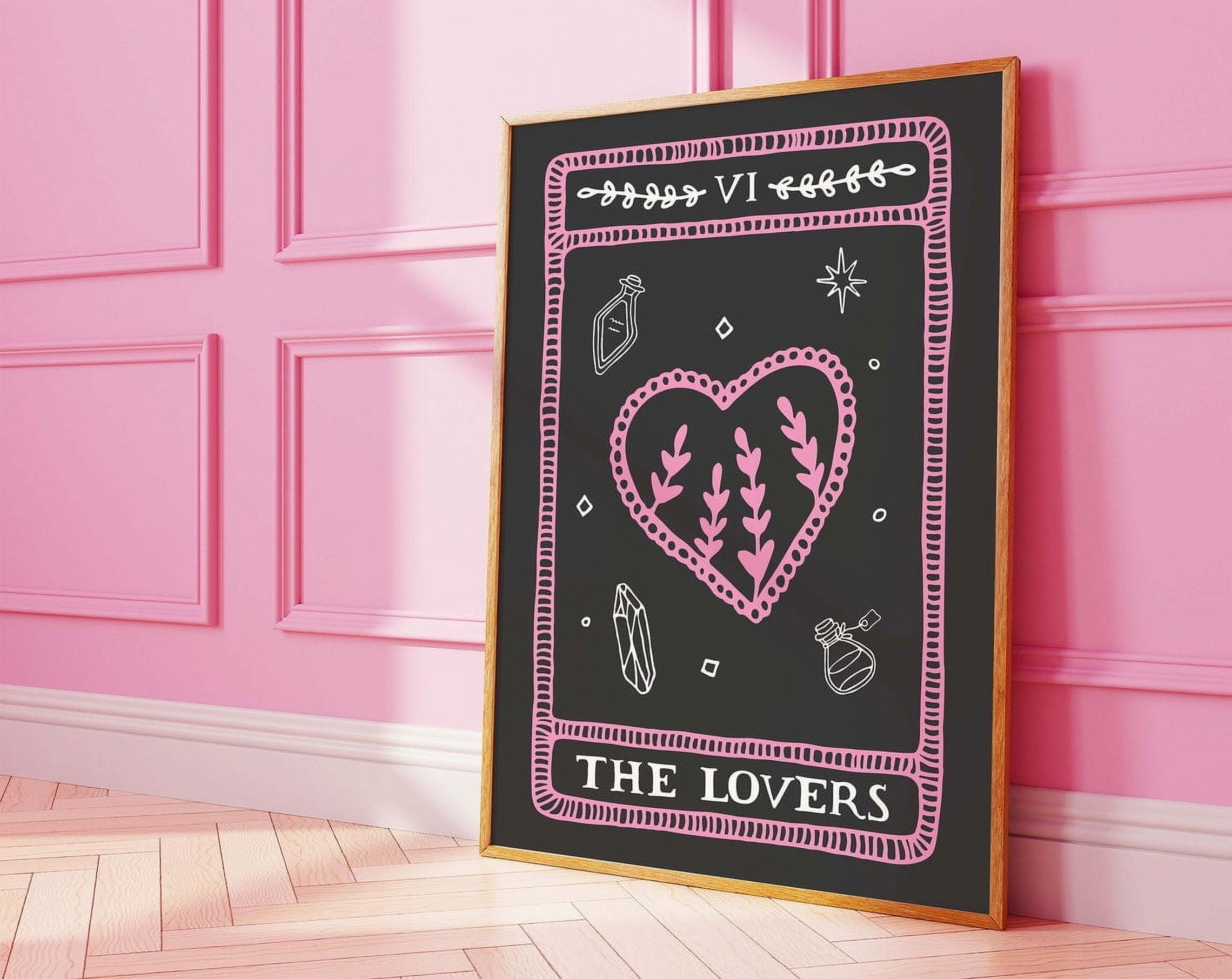 The Lovers Tarot Card Print, Art, Cute Heart Tarot Card Wall Art, Black ...
