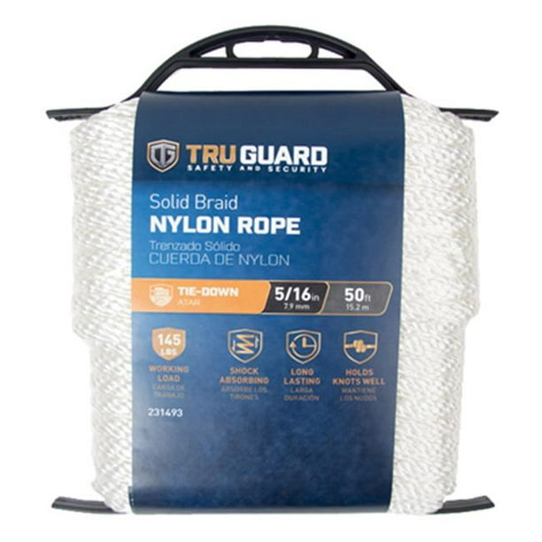 Tru-Guard 25TG Solid Braid Nylon Rope w/ Winder, White, 5/16" x 50 ...