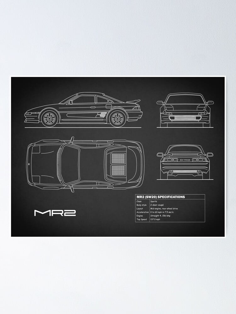 The MR2 Blueprint in Black Canvas Poster Decor Landscape Office Room ...