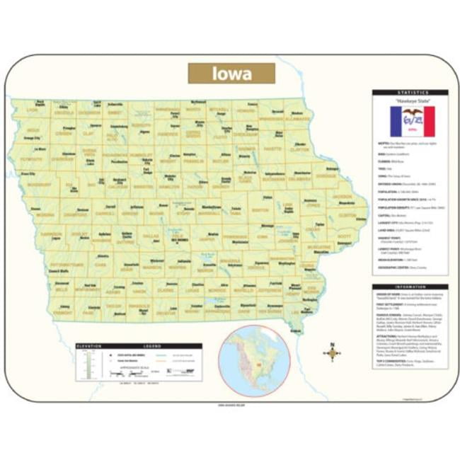 The Map Shop KA-S-IA-SHR-63x49-laminated Iowa Shaded Relief State Wall ...