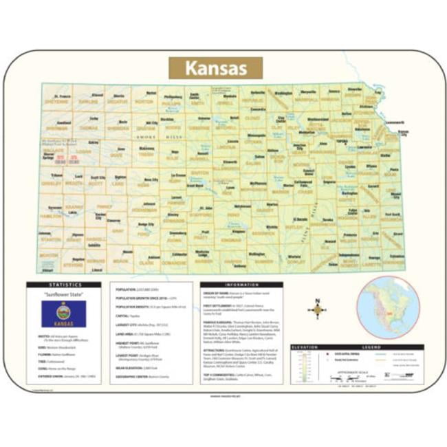 The Map Shop KA-S-KS-SHR-53x42-laminated Kansas Shaded Relief State ...