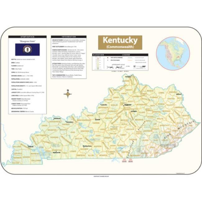 The Map Shop KA-S-KY-SHR-38x28-paper Kentucky Shaded Relief State Wall ...