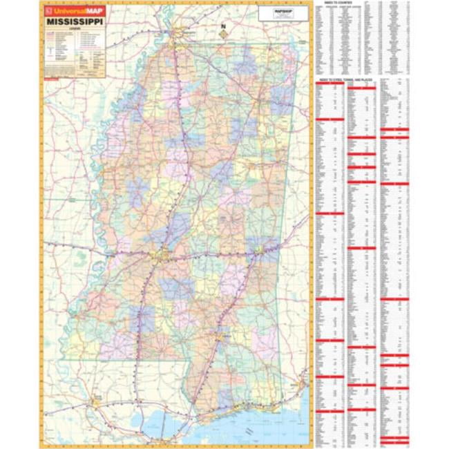 The Map Shop KA-S-MS-WALL-lam-rails-black Misssissippi State Wall Map ...