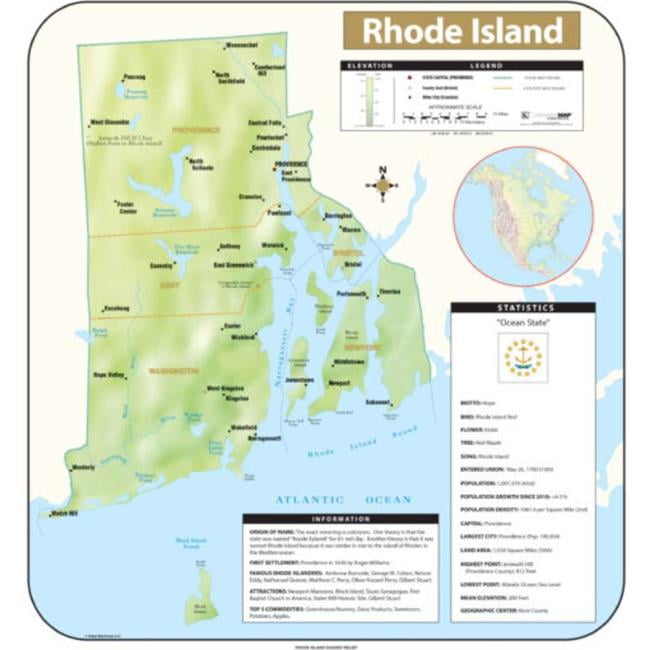 The Map Shop KA-S-RI-SHR-35x38-paper Rhode Island Shaded Relief State ...